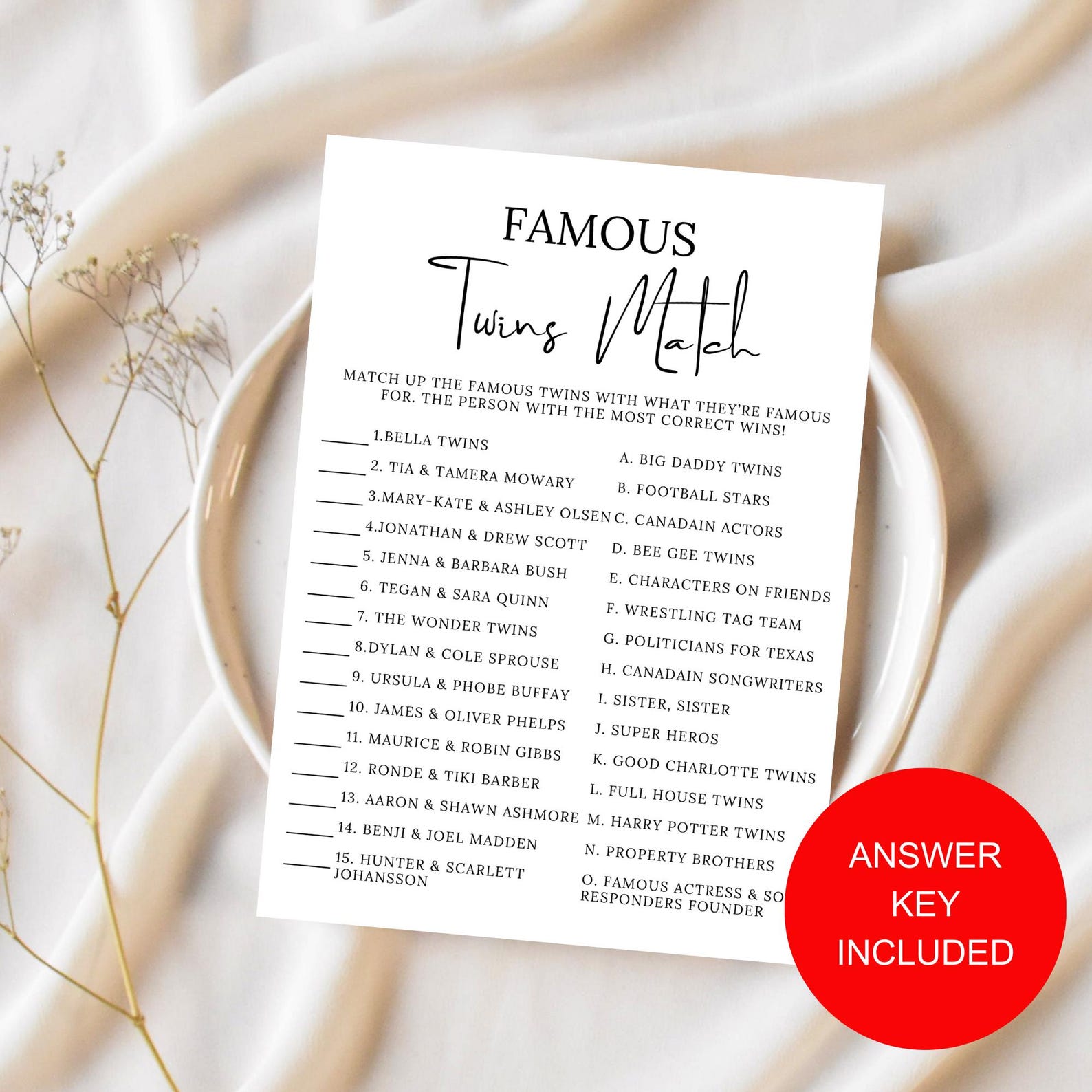 Famous Twins Match Baby Shower Game, Twins Match Game Card, Twin Baby ...