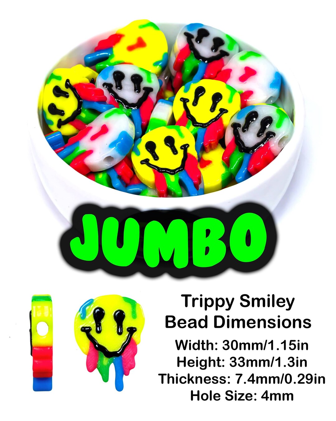 Jumbo Trippy Smiley Beads Packs of 6, 12, 18, or 30 Beads. 3D Printed ...