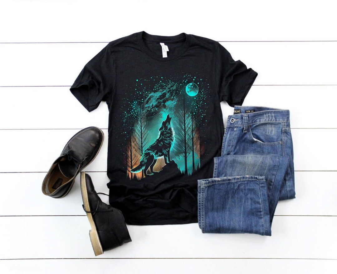 Wild Wolf Shirt, Wild Wolf Howling at the Moon in a Retro Forest Tee ...