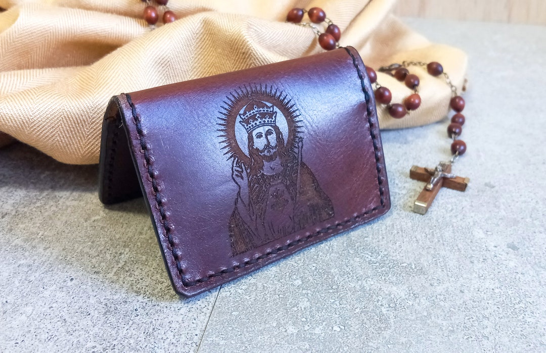 Catholic Saint Men's Leather Card Wallet Red Brown | Catholic Men's ...