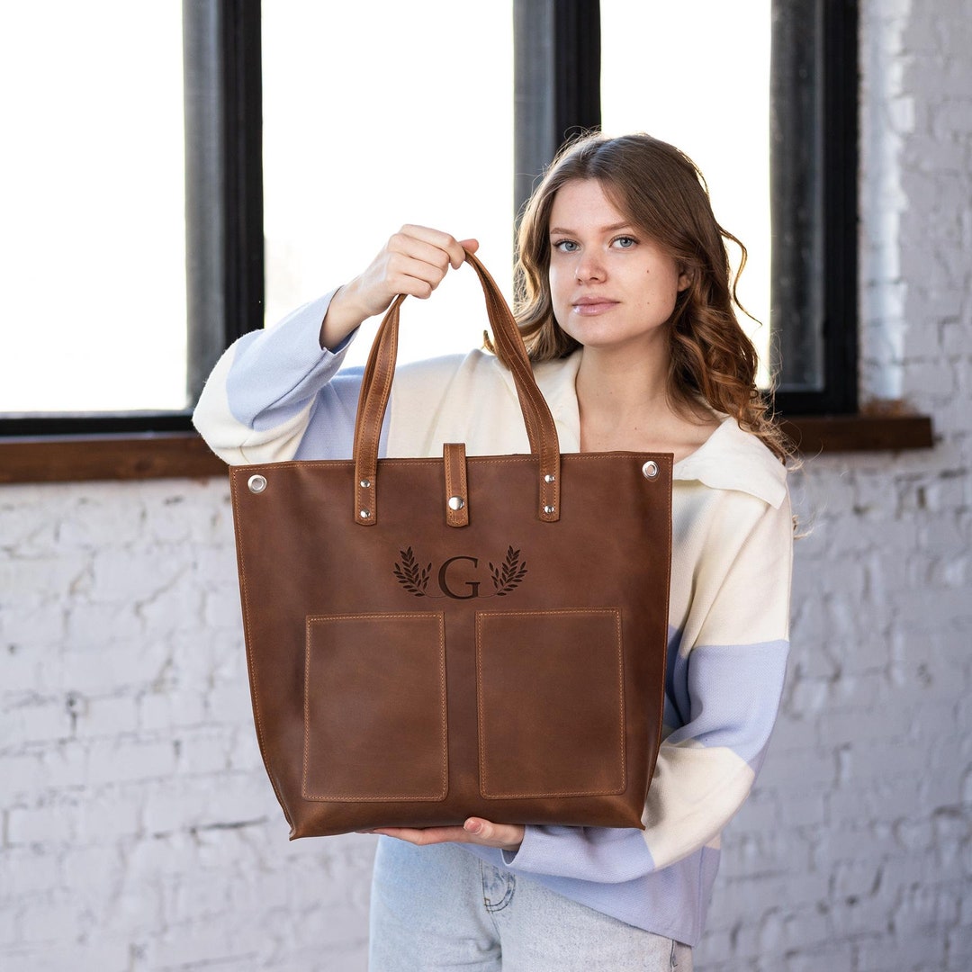 Monogrammed Leather Tote Bag, Leather Shoulder Bag Women, Laptop Tote ...