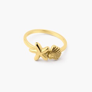 18k Gold Plated Shell Ring Gold Shell & Starfish Ring Summer Stacking ...