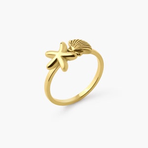18k Gold Plated Shell Ring Gold Shell & Starfish Ring Summer Stacking ...