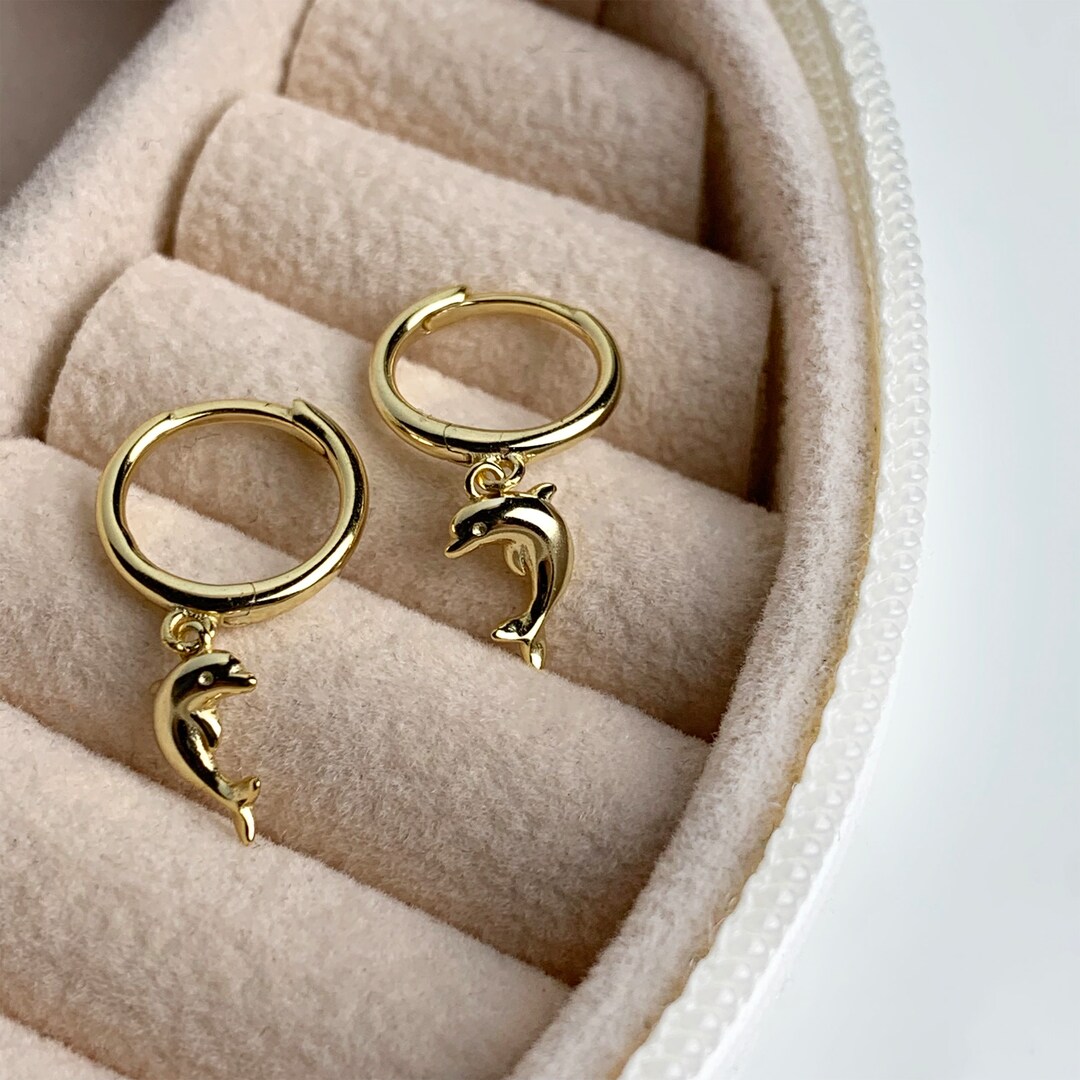 Dolphin Drop Hoop Earrings, Small 18k Gold Plated Dolphin Hoop, Dangle ...