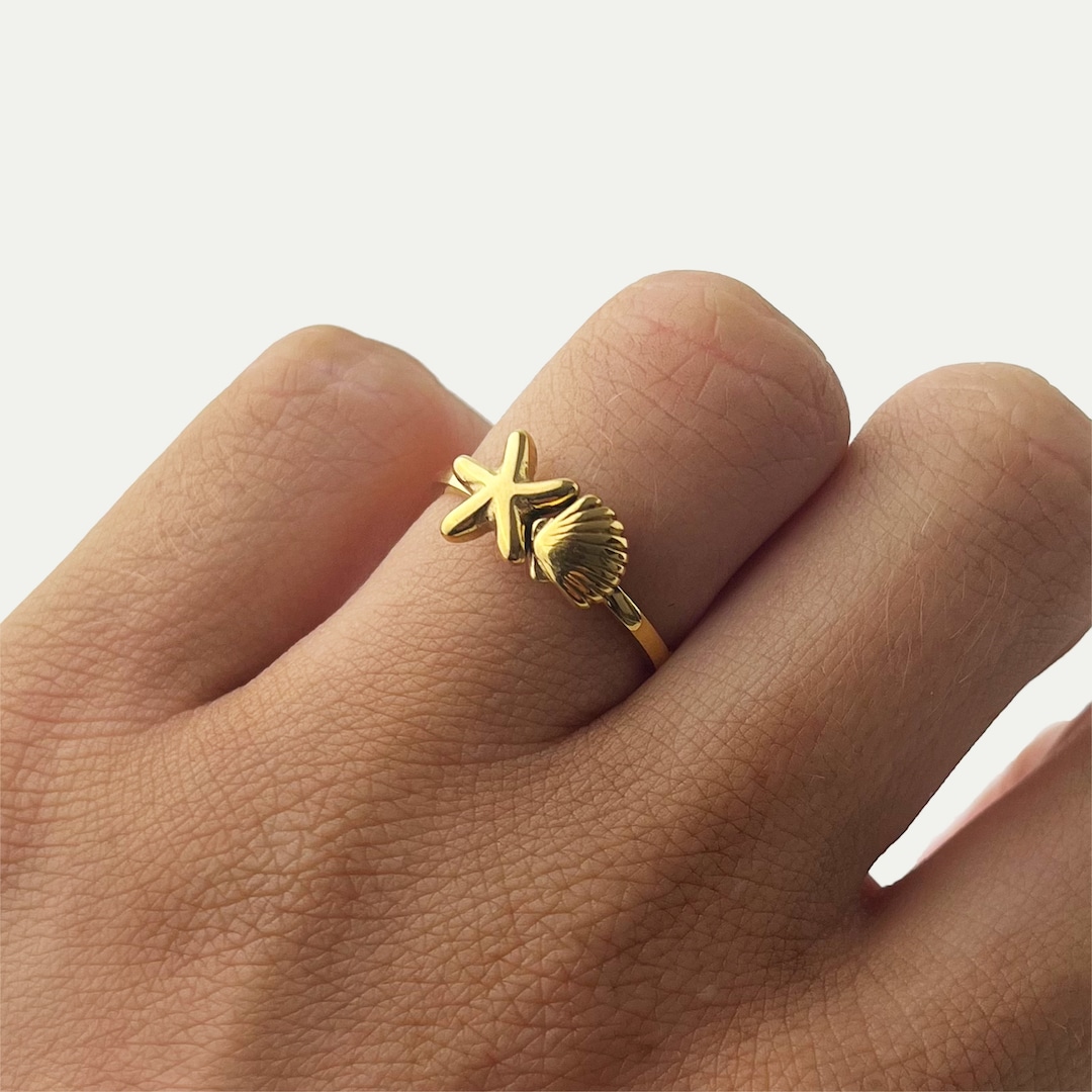 18k Gold Plated Shell Ring Gold Shell & Starfish Ring Summer Stacking ...