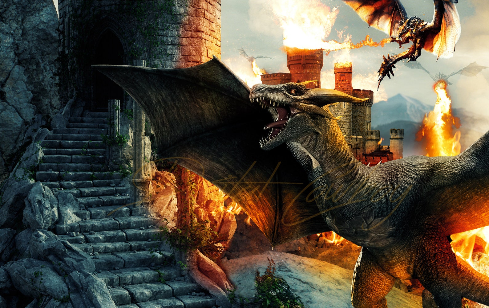 Dragon Castle Background Fantasy Dragon Background Dragon | Etsy