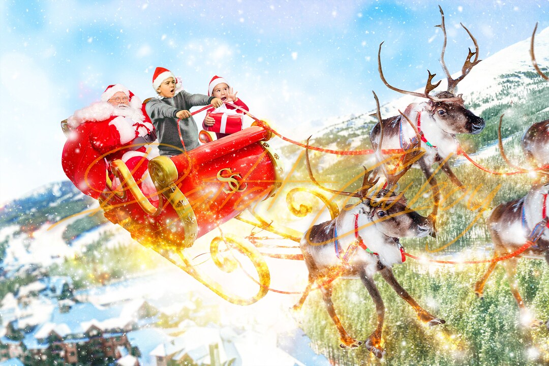 Santa's Sleigh Flying Christmas DIGITAL BACKGROUND, Reindeer Digital ...
