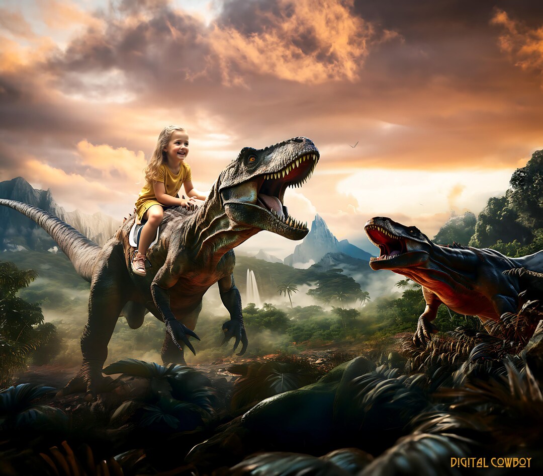 Jurassic T-rex Dinosaur Rider Digital Background: Fantasy Adventure ...
