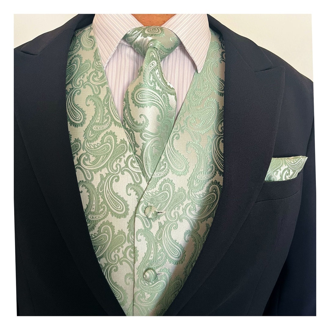 Mint Sage Green Paisley Men's Vest Longtie and Pocket Square 3pcs Set ...