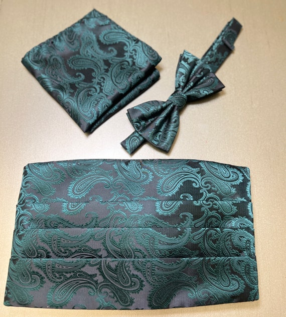 New Paisley Dark Forest Green Mens Cummerbund and Bow Tie & - Etsy