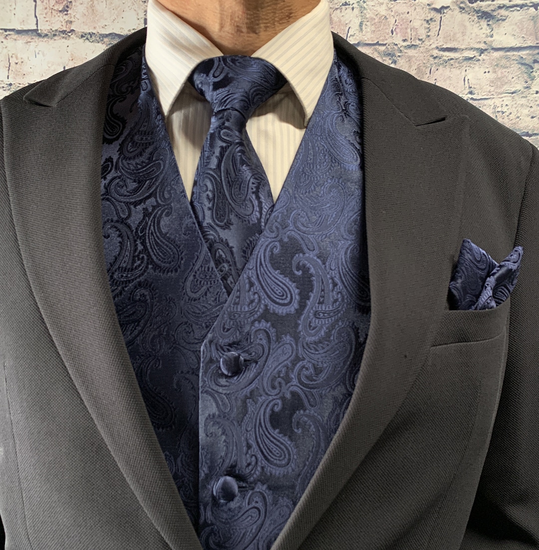 Navy Blue Paisley Men's Vest Longtie and Pocket Square 3pcs Set - Etsy