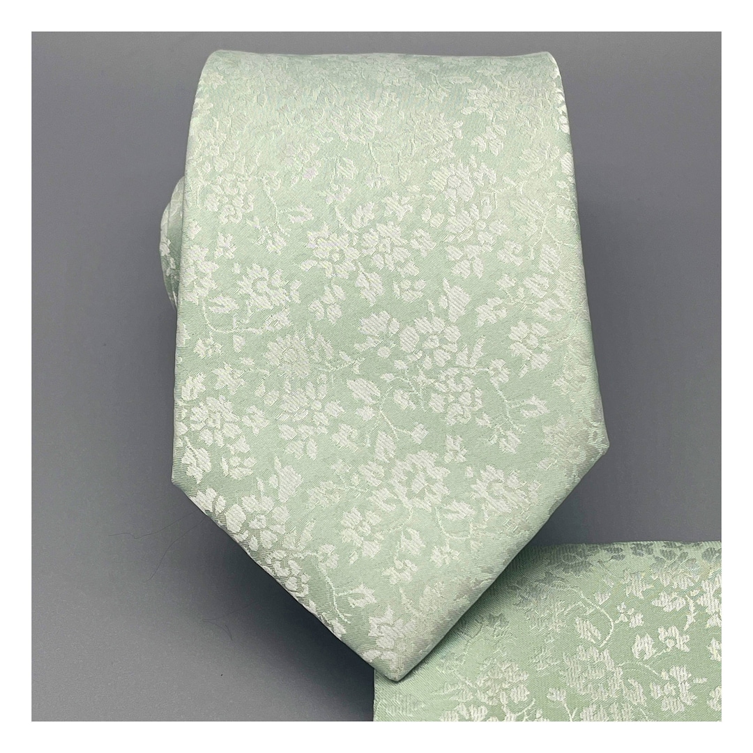Floral Satin Mint Sage Green Self Tie Classic Neck Tie and Pocket ...