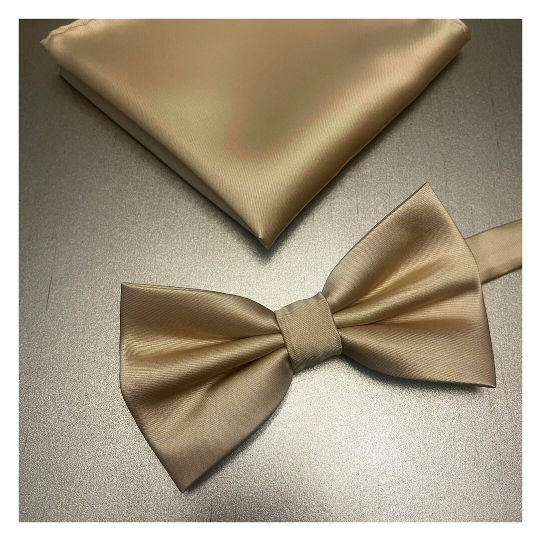 Men's Solid Plain Champagne Pretied Bow Tie and Pocket Square ...