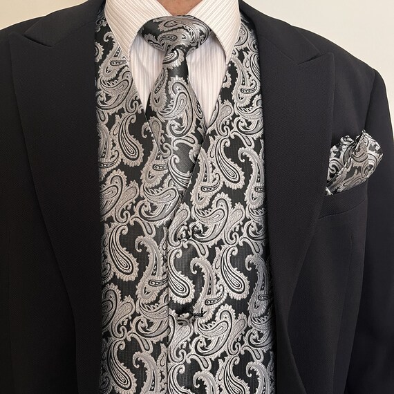 SILVER / BLACK Paisley Men's Vest Longtie and Pocket - Etsy