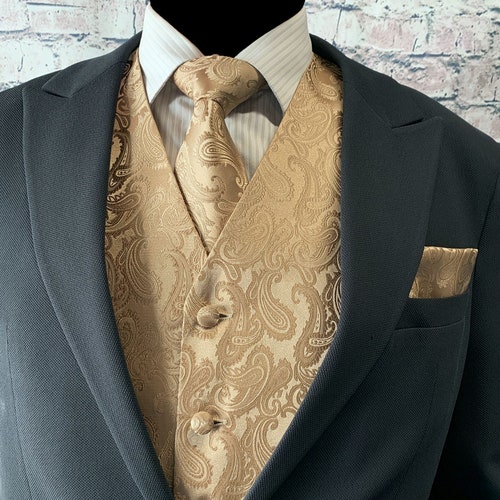 Tan Champagne Gold Paisley Men's Vest Bow Tie and Pocket - Etsy