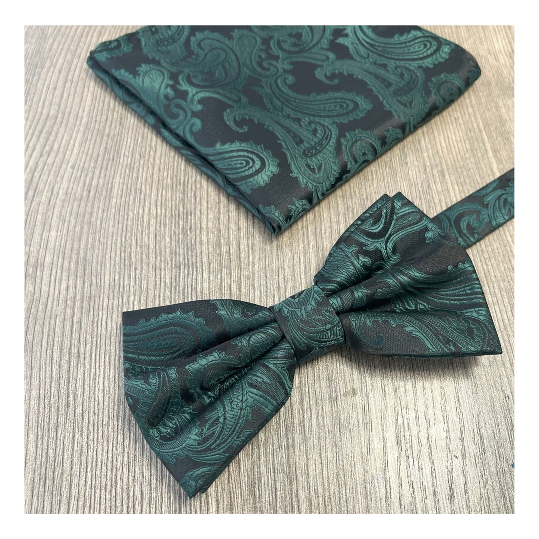 Men's Dark Forest Green Paisley Pretied Bow Tie and Pocket Square ...
