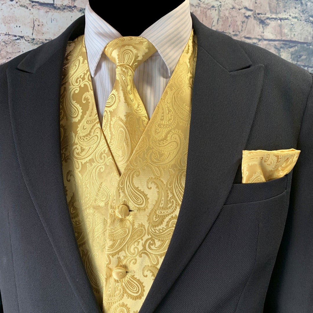Gold Paisley Men's Vest Longtie and Pocket Square 3pcs Set for All ...