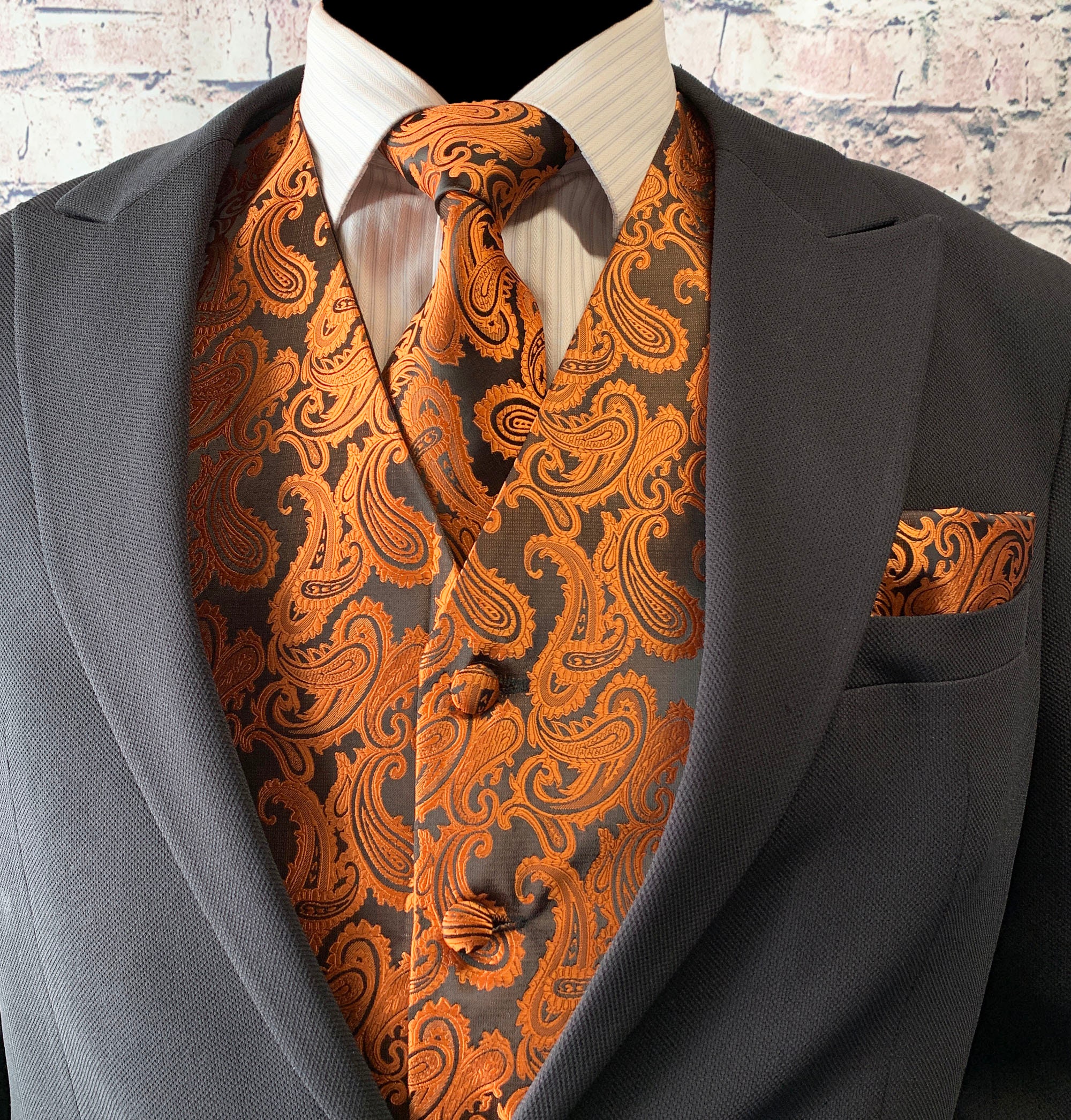 Rust Orange / black Two Tones Paisley Men's Vest Longtie | Etsy