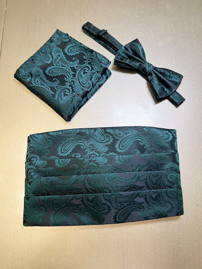 New Paisley Dark Forest Green Men’s Cummerbund and Bow Tie & Pocket ...