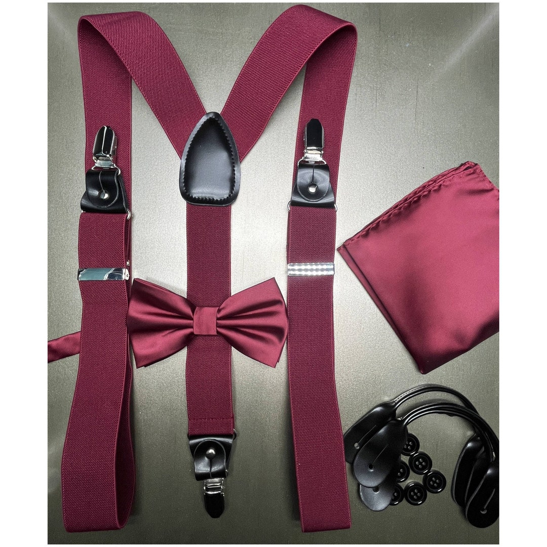 Burgundy Men's / Teen Convertible Suspender Pretied Bow Tie and Pocket ...
