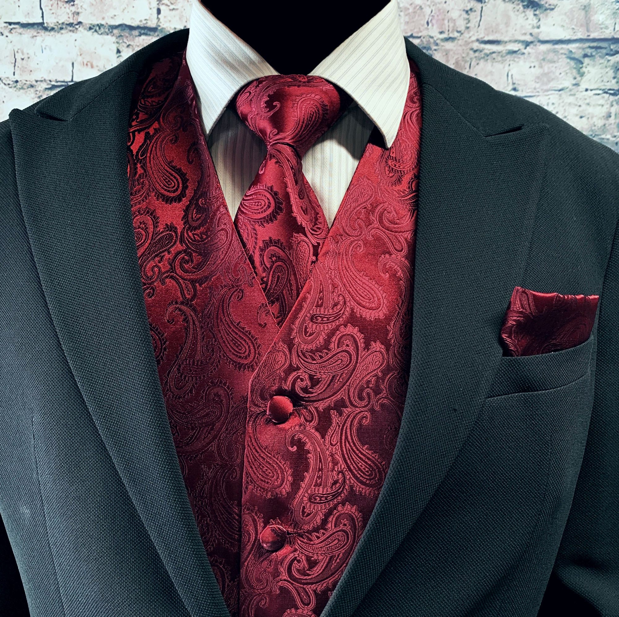 Burgundy Paisley Men's Vest Longtie and Pocket Square 3pcs - Etsy