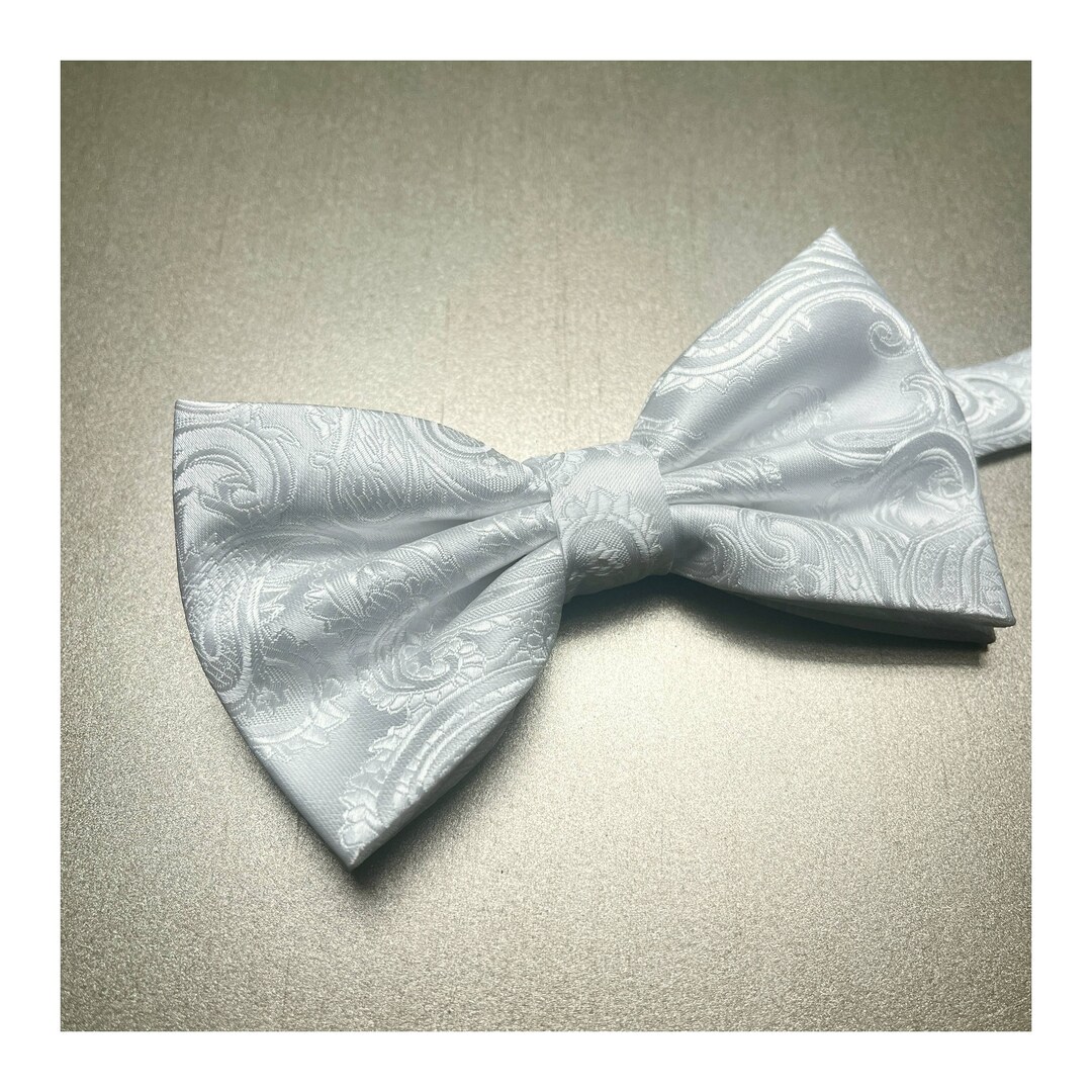 BRIGHT White Paisley Men's Pretied Double Fold Bow Tie ONLY Formal ...