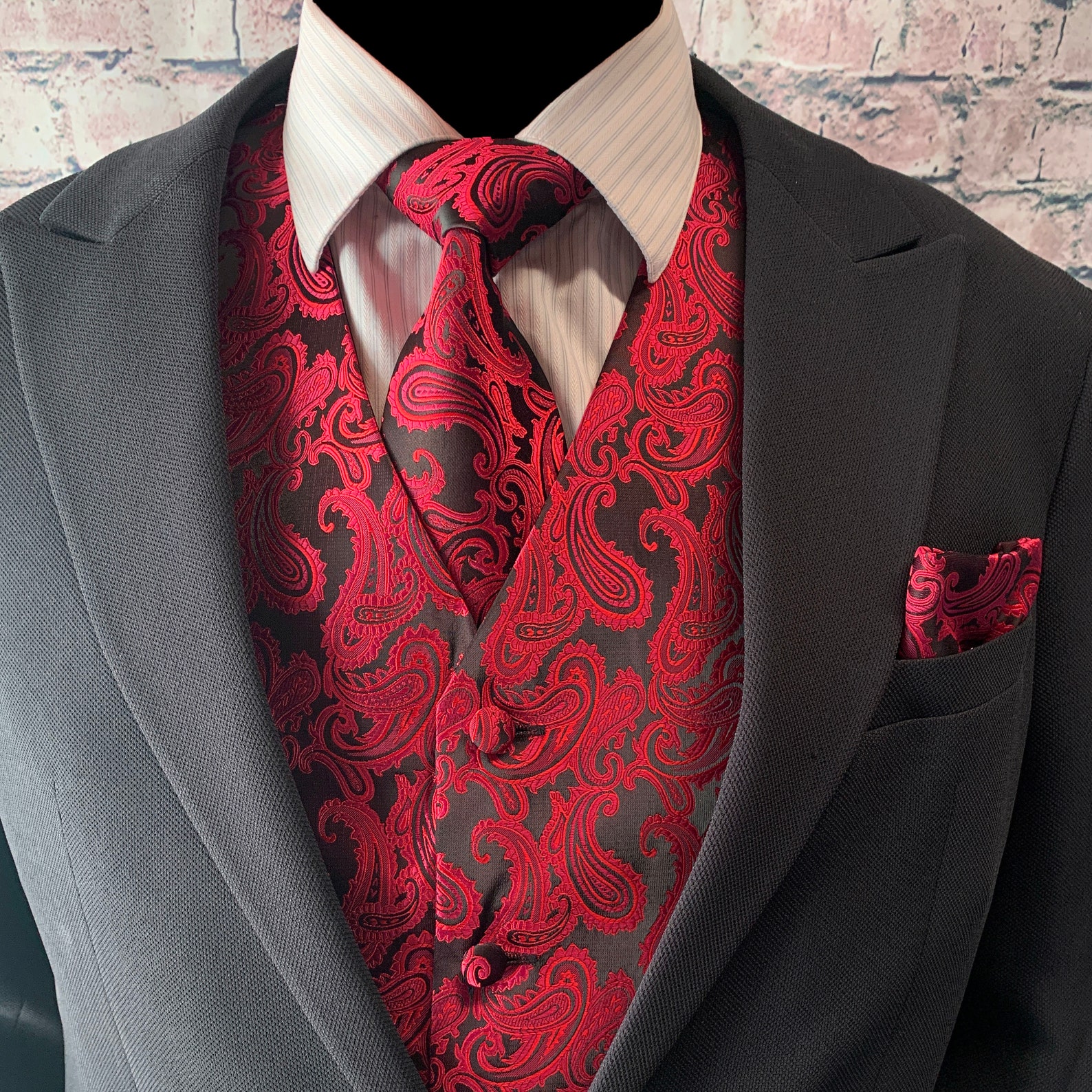 RED / BLACK Paisley Men's Vest Longtie and Pocket Square 3pcs Set for ...