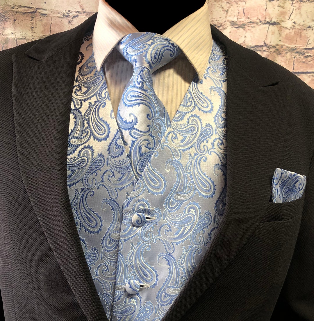 Light Blue Paisley Men's Vest Longtie and Pocket Square 3pcs Set for ...