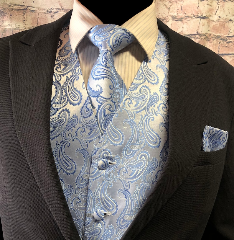 Light Blue Paisley Men's Vest Longtie and Pocket Square - Etsy