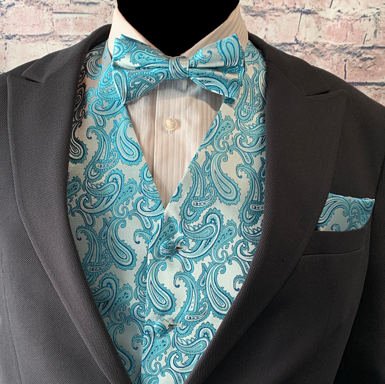 Turquoise Blue Paisley Men's Vest Pre-tied Bow Tie and | Etsy