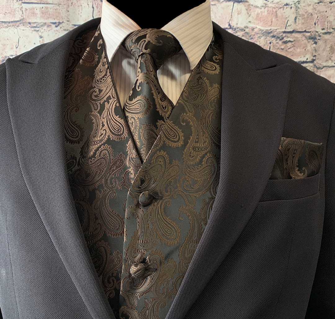 Brown Paisley Men's Vest Longtie and Pocket Square 3pcs Set for All ...