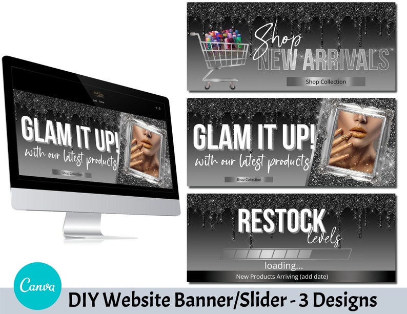 DIY Glam Glitter Drip Web Banner Templates. Black Glitter | Etsy