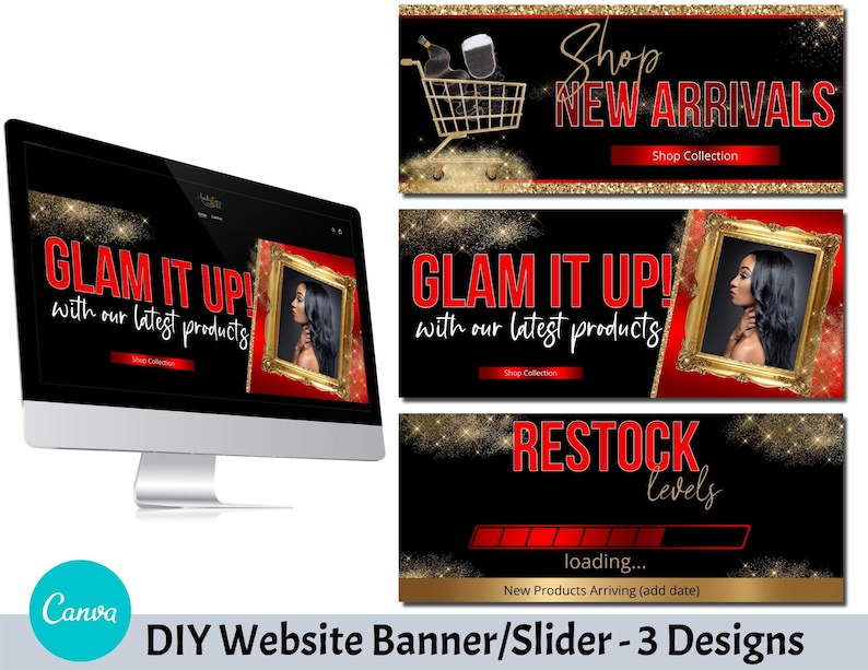 Glam Gold Glitter Web Banner Templates. Red Metallic Website - Etsy