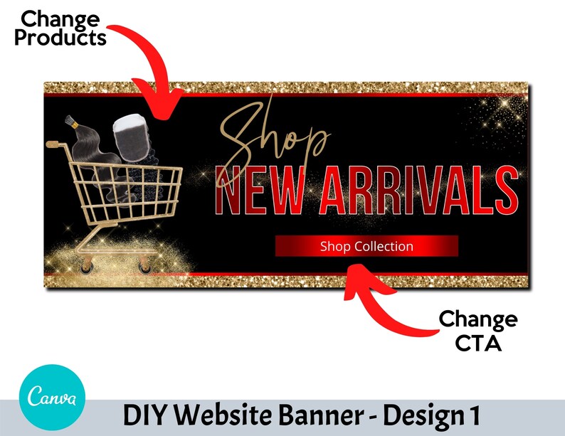 Glam Gold Glitter Web Banner Templates. Red Metallic Website | Etsy