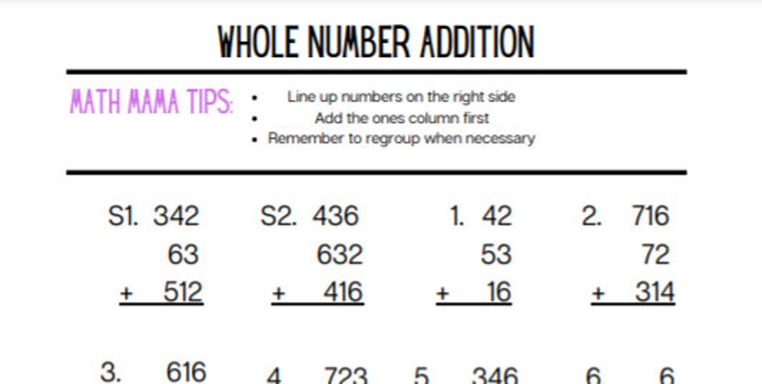 Whole Number Addition Worksheet - Etsy