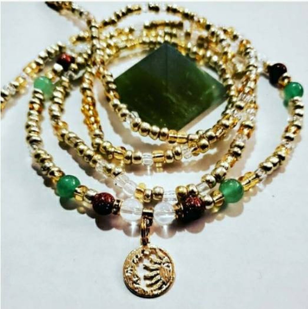 Goldstone Waist Beads, Green Aventurine, Crystal Quartz, Sun Moon Charm ...