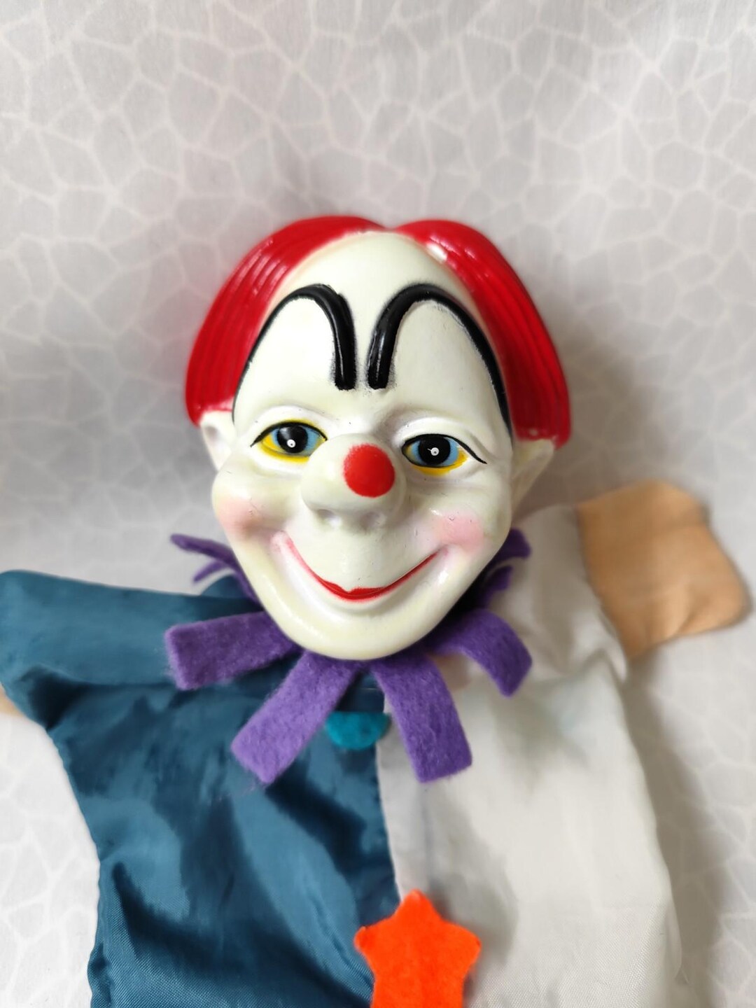 Vintage CLOWN Funny Face Hand Puppet Doll Vinyl Rubber Big Smile Cheeks ...