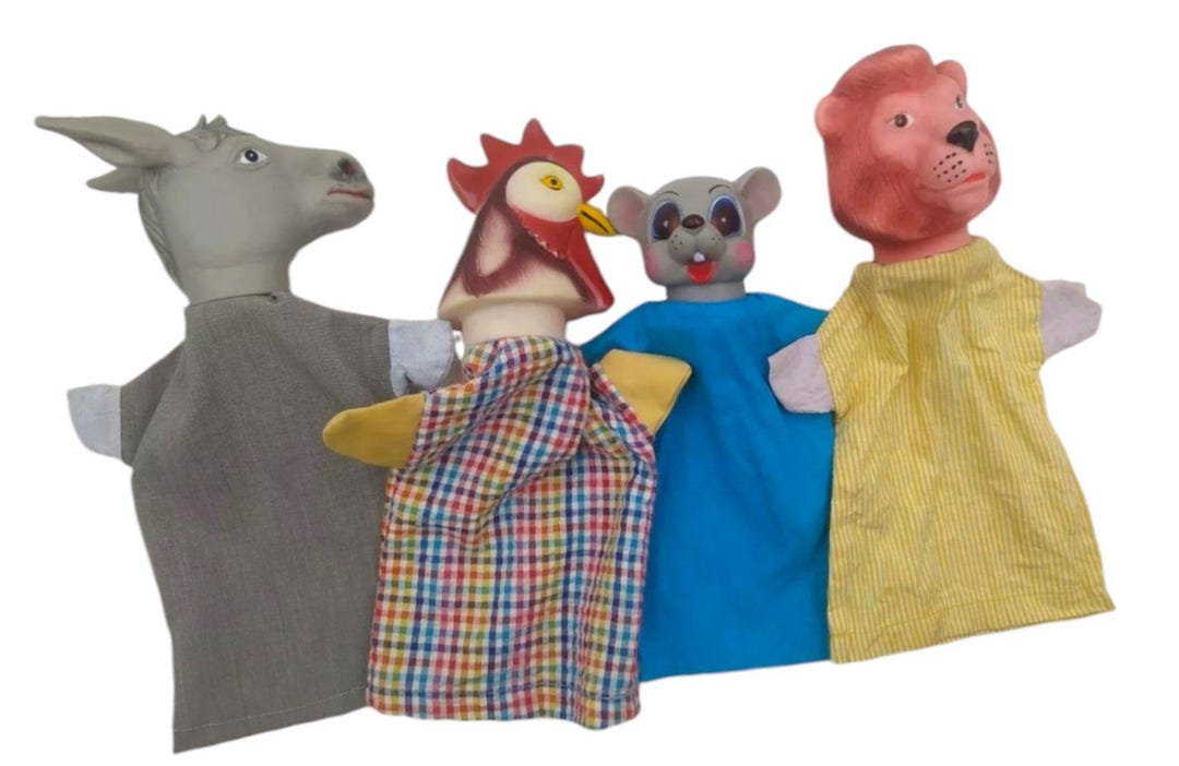 Hand Puppets Vinyl Rubber Heads Cloth Bodies Donkey Lion Mouse Rooster ...