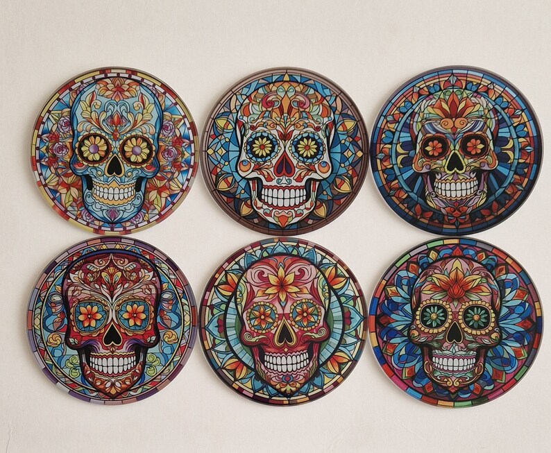 Colourful Set of Skull Round Glass Coasters - Etsy Australia