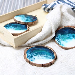 Blue Ocean Resin Coasters Natural Wood Slices. Handmade Table - Etsy