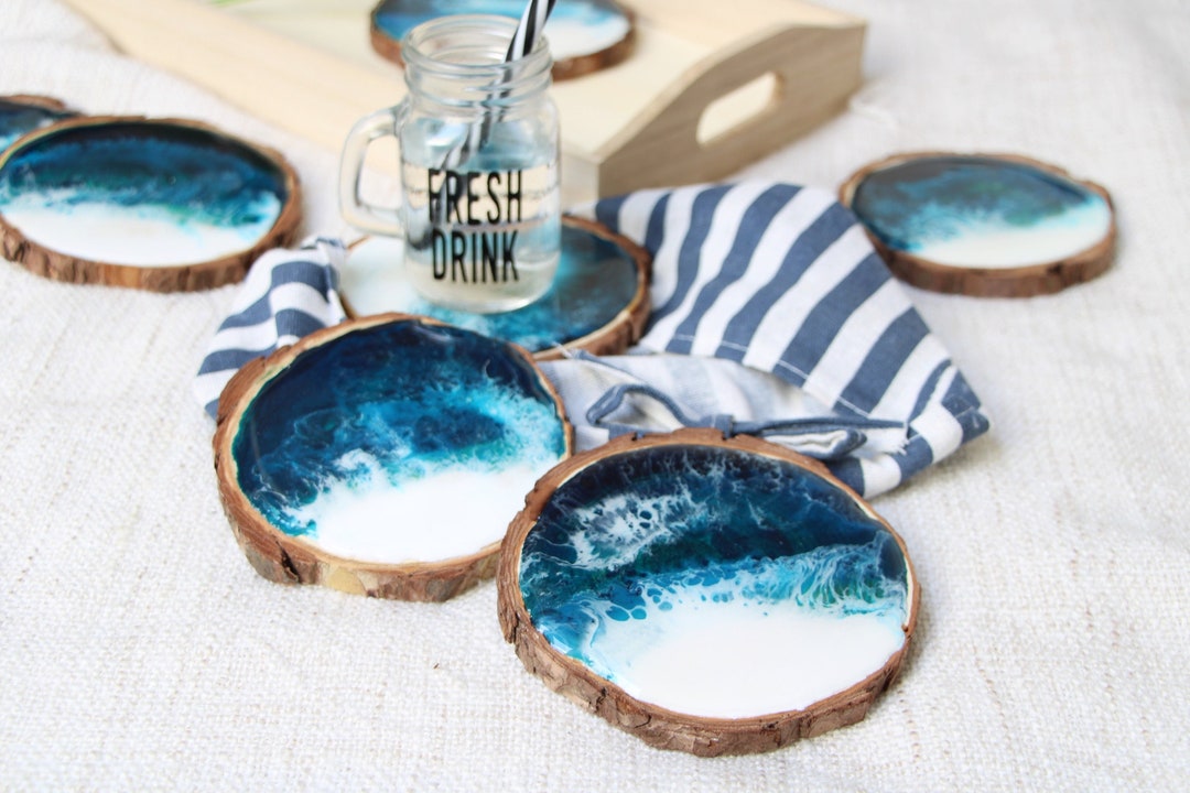 Blue Ocean Resin Coasters Natural Wood Slices. Handmade Table - Etsy