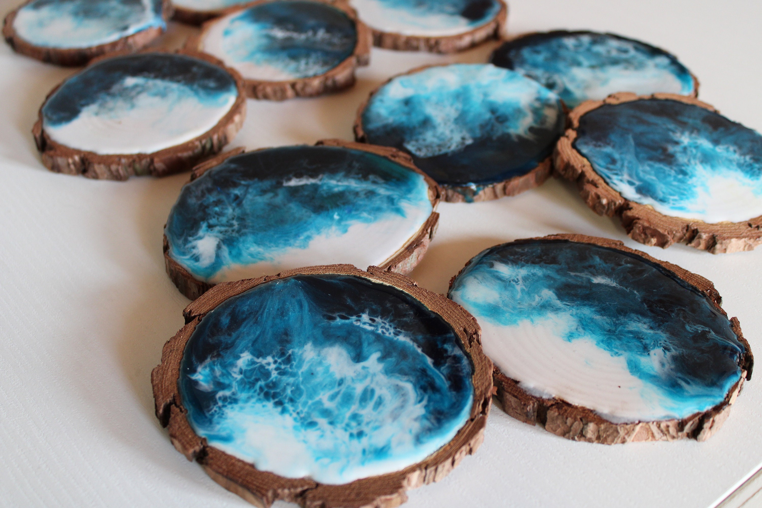 Blue Ocean Resin Coasters natural wood slices. Handmade table | Etsy