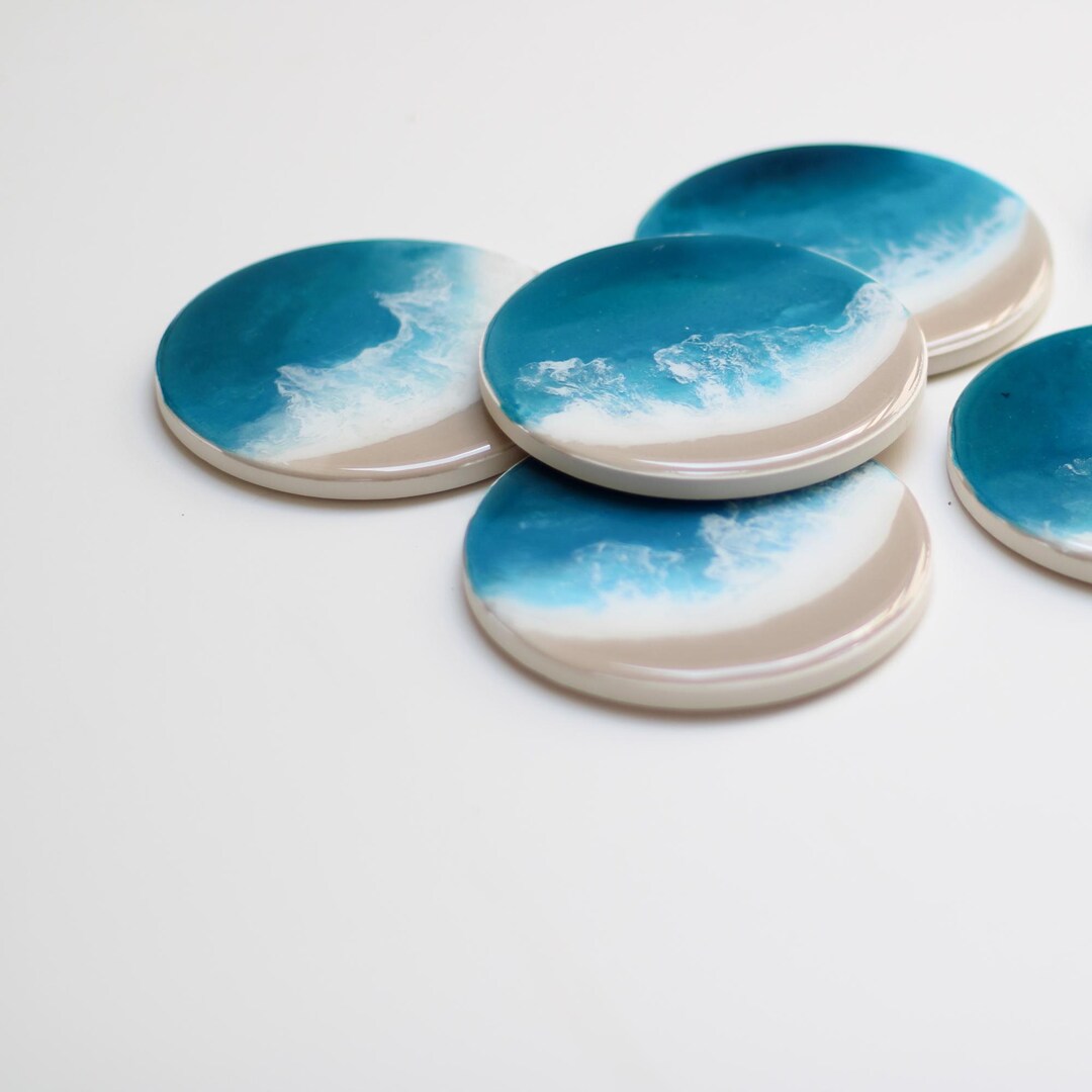 Set of 4 Ceramic Resin Drink Coasters, Ocean Resin Coaster, Modern ...