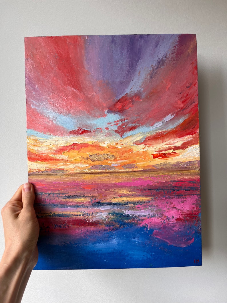 Pink Sky Oil Painting Sky Original Painting Sky Wall Art Seascape ...