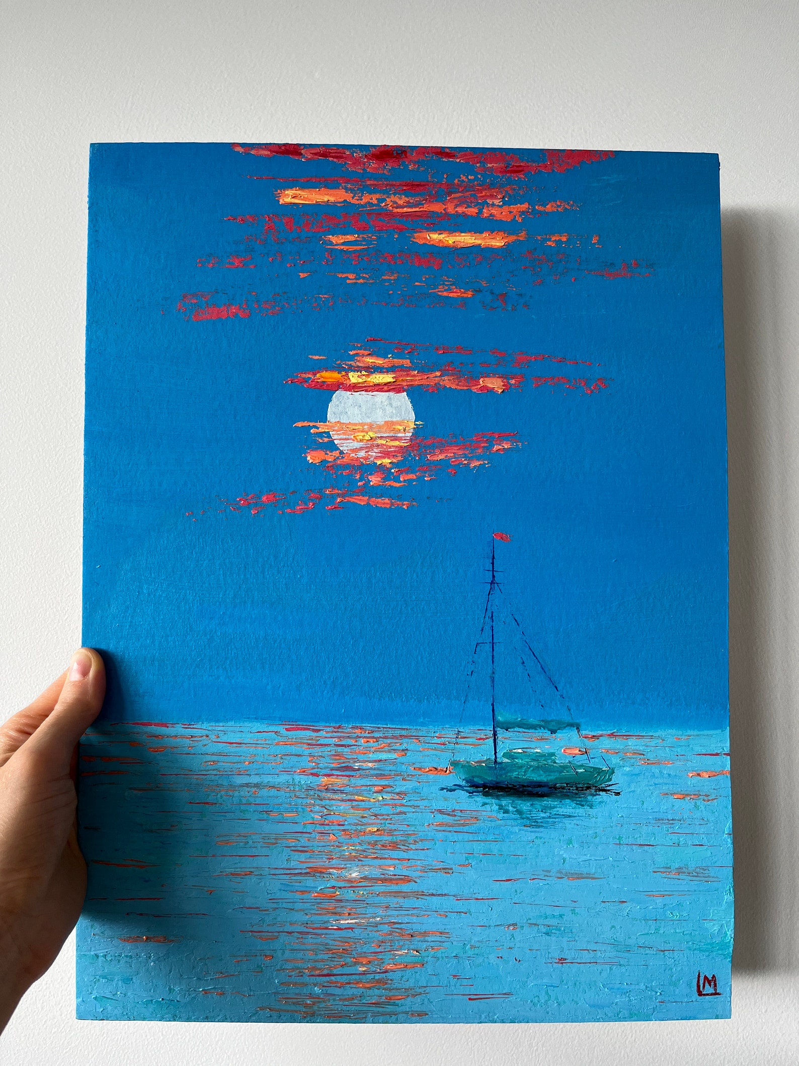 Boat Oil Painting Pink Sunset Painting Seascape Painting Pink Sunset ...