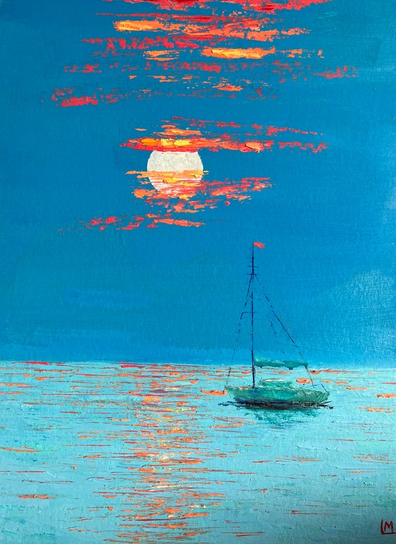 Boat Oil Painting Pink Sunset Painting Seascape Painting Pink - Etsy