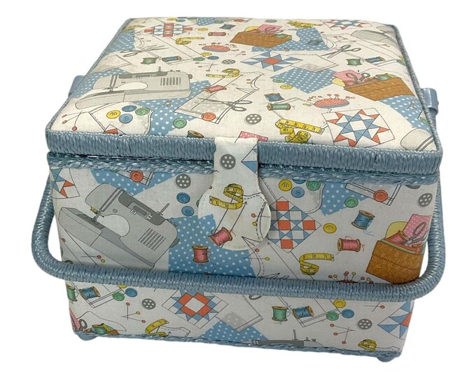 Sewing Box Basket Fabric Wood Satin Lined With Tray & Handle Needle ...