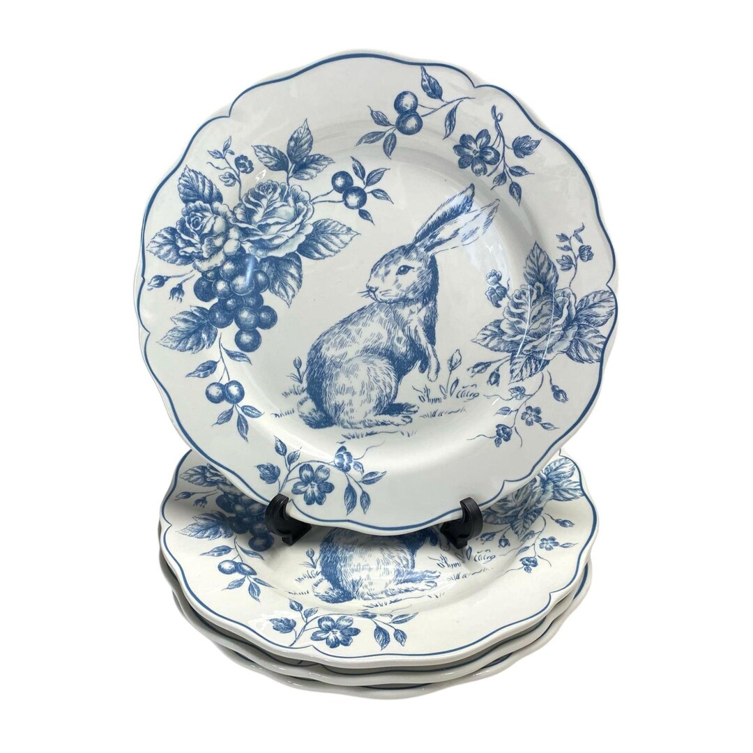 Maxcera Blue Toile Scalloped Easter Bunny Rabbit Dinner Plates 4pc Set ...