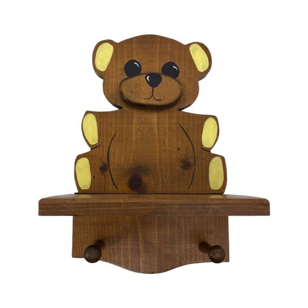 Wooden Wall Shelf Teddy Bear Coat Key Rack Hanger 2 Pegs Nursery Kids ...
