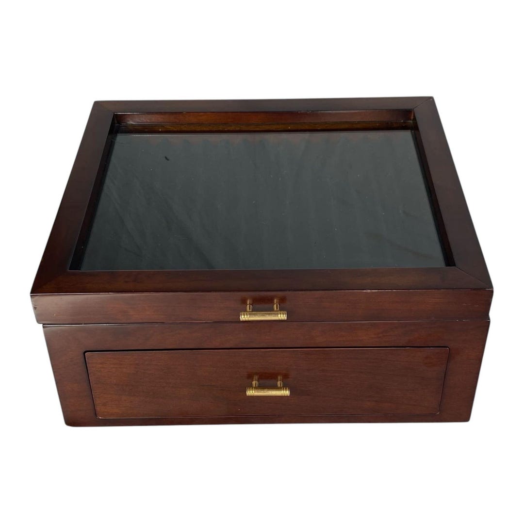 Levenger Fountain Pen Display Case Box Drawer 26 Slots Wood Glass Suede ...